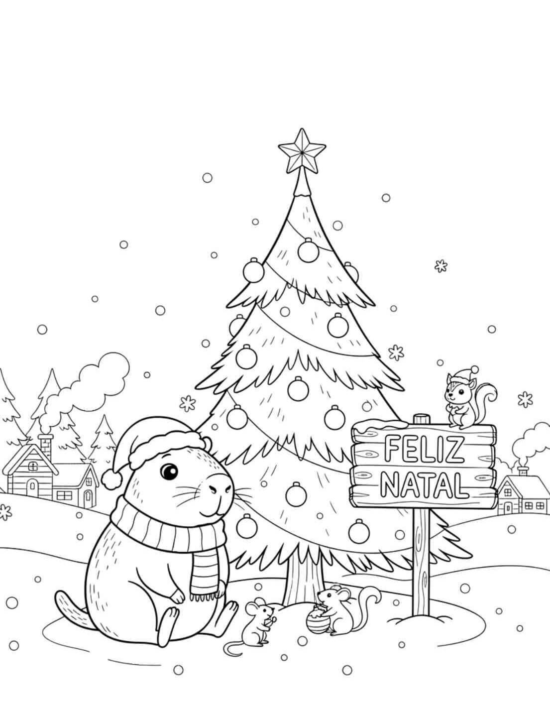 Capivara de Natal para Colorir e Imprimir