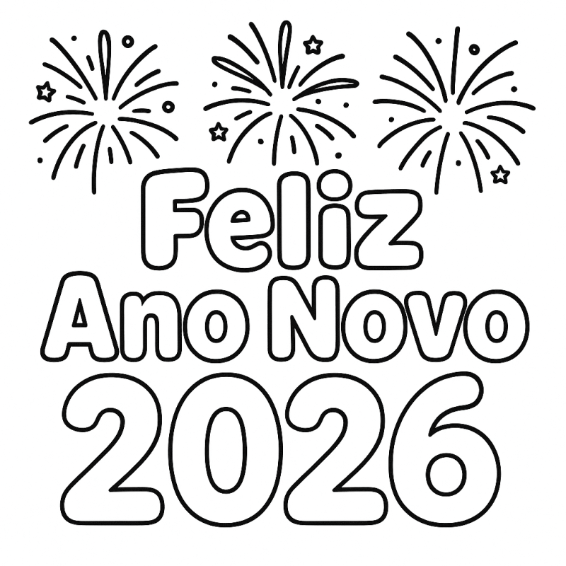 Desenhos de Feliz Ano Novo 2026 para Imprimir e Colorir