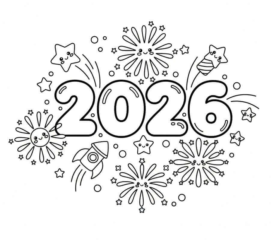 Imprimir Feliz Ano Novo 2026 para Colorir