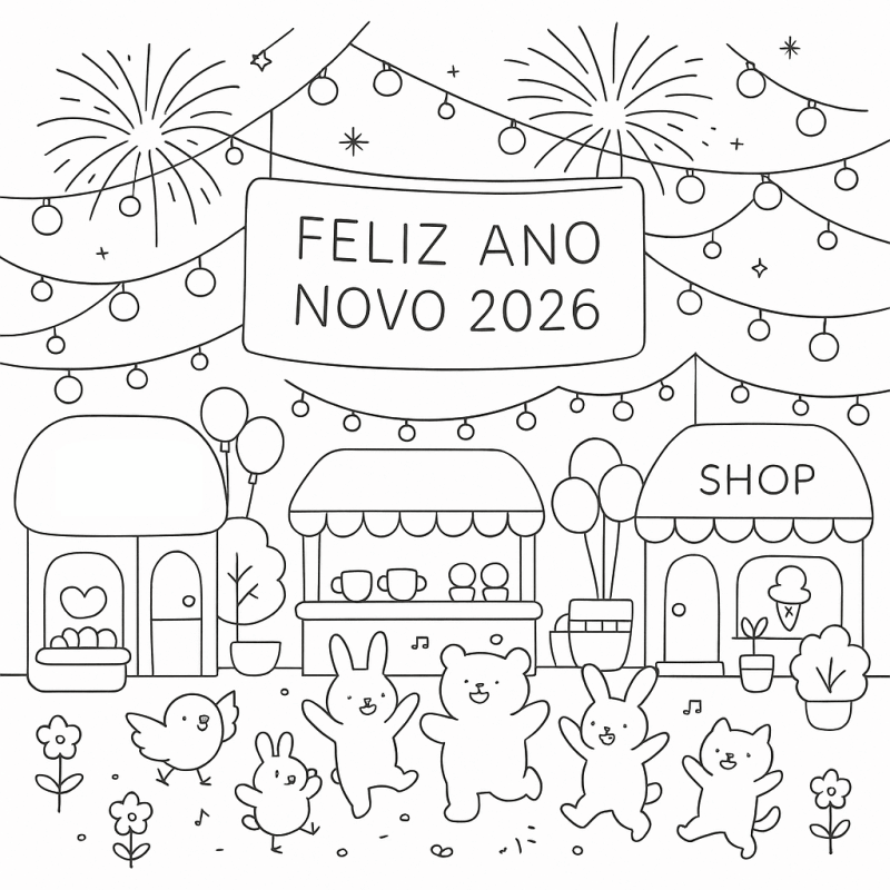 Imprimir Feliz Ano Novo 2026 para Colorir
